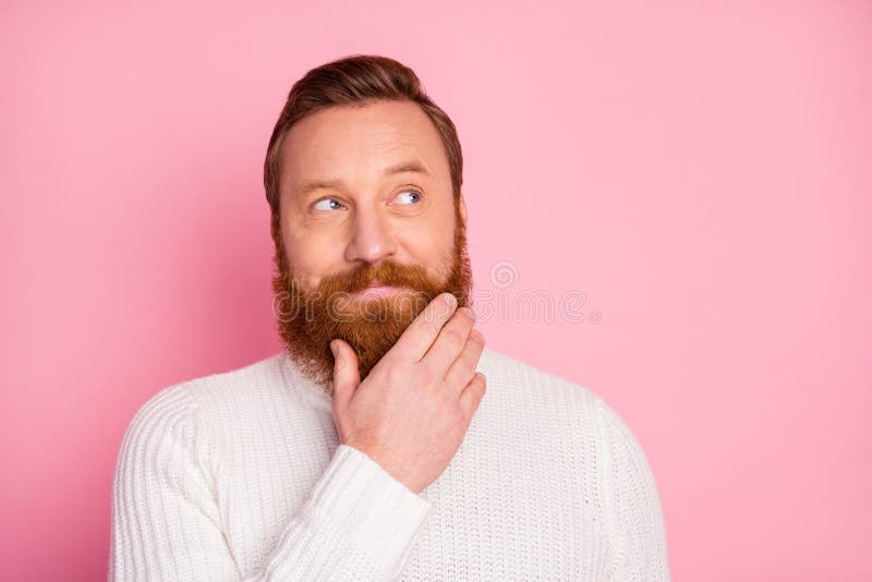 Close-up Portrait of His he Nice Attractive Creative Curious Red Guy Touching Beard Thinking ...