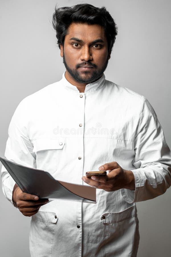 Close Up Portrait of Indian Intern with Folder and Cellphone Stock ...