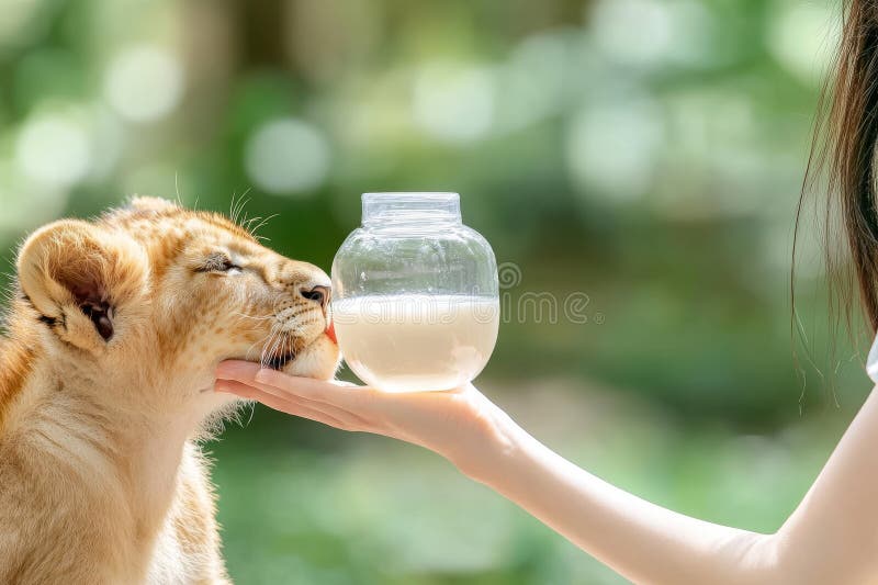 Close-up Portrait of a Lion Cub Drinking Milk from a Bottle Stock Image ...