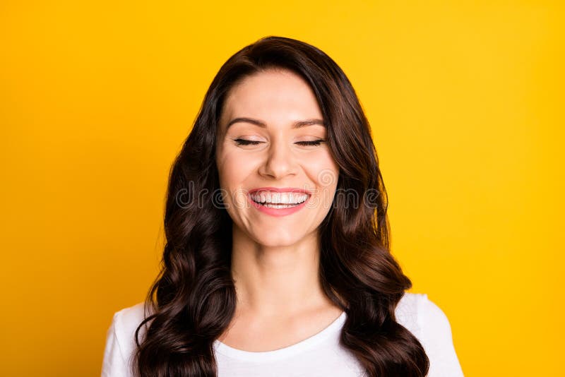 Close Up Portrait Of Lovely Cheerful Dreamy Wavy Haired Girl Closed