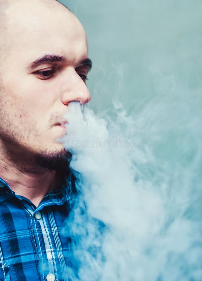 Close Up Portrait of a Man Vaping. Stock Image - Image of blue ...
