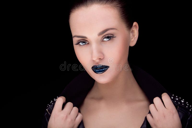 Close Up Portrait of Model with Stylish Makeup, Over Black Stock Photo ...