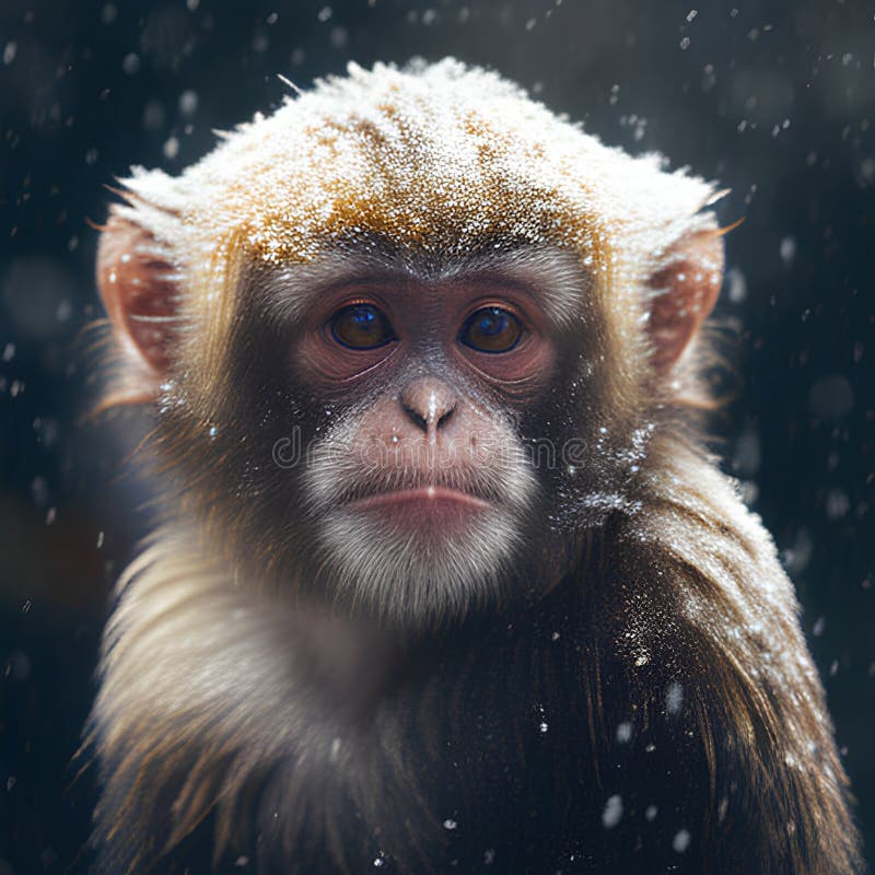 Close-up Portrait of a Monkey with Snow in the Forest. Stock ...