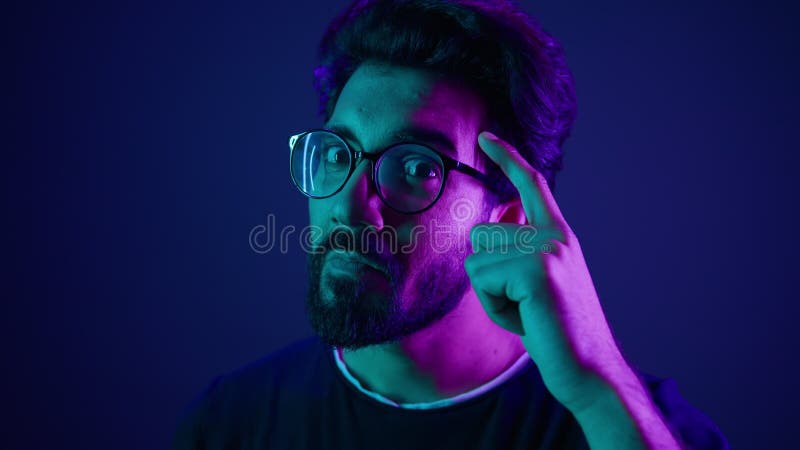 Portrait In Neon Ultraviolet Happy Indian Guy Arabian Man Worker Coder Hacker Computer Engineer