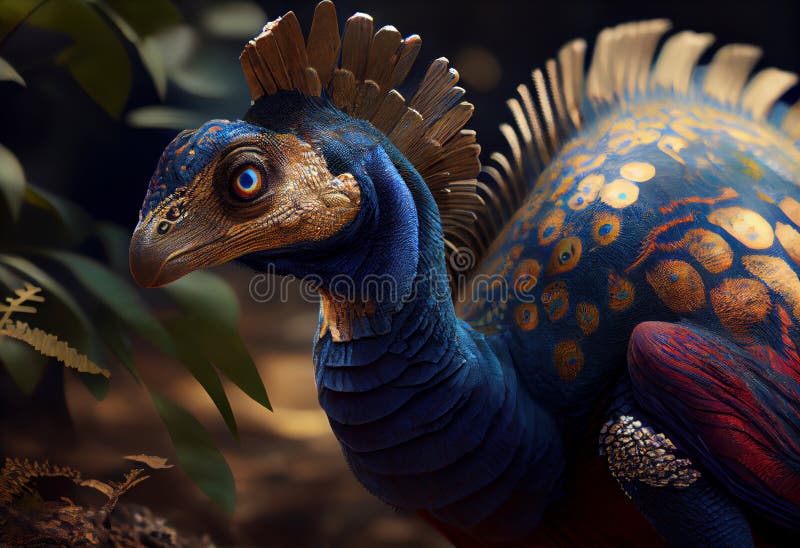 Close Up of a Portrait of a Peacock Dinosaur. Stock Illustration ...
