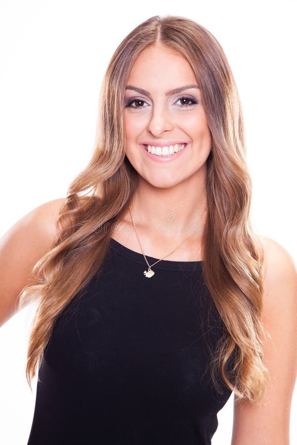 Close Up Portrait Of Pretty Brunette Woman On White Backround Stock