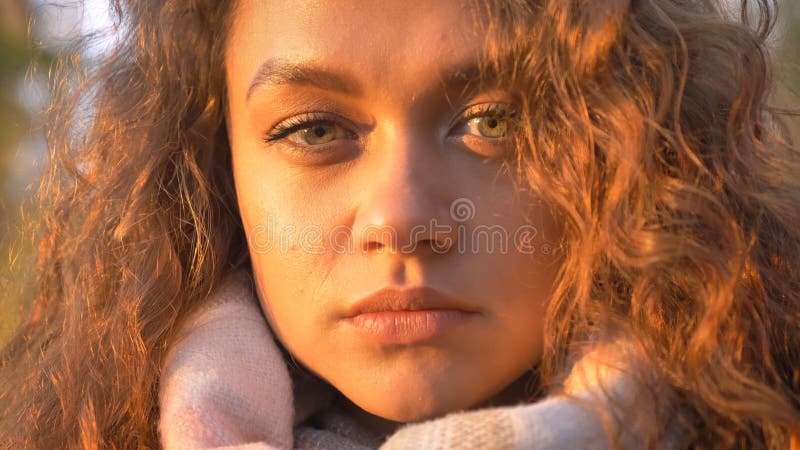 Selfie Photo Of Cute Curly Haired Caucasian Girl Watching Calmly Into