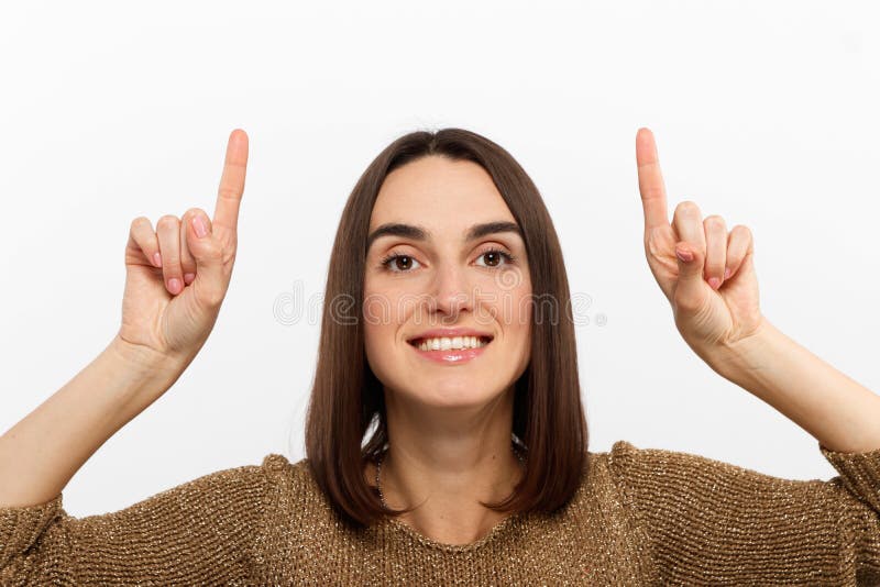 Close Up Portrait Pretty Young Woman Pointing With Two Fingers Looking