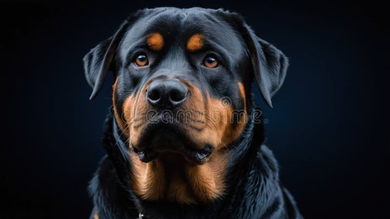 A Close-up Portrait of a Rottweiler Against a Dark Background ...