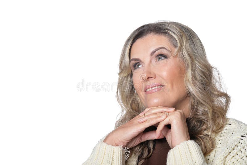 Close Up Portrait Of Smiling Mature Woman Looking At Distance Stock