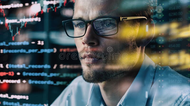 Close-up Portrait of Software Engineer Working on Computer, Line of Code Run Aroung Him ...