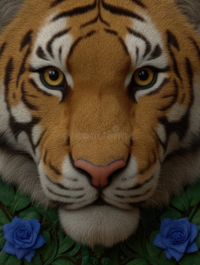Close-up Portrait of a Tiger with Blue Roses. Stock Illustration ...