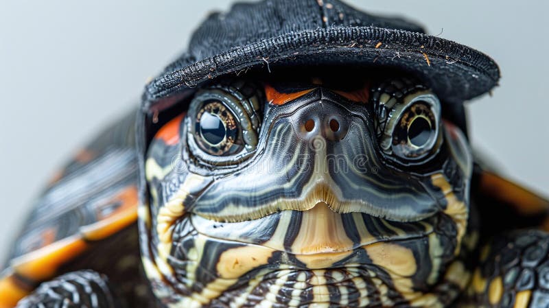 Close Up Portrait of Turtle Wearing Black Cap with Detailed Shell ...