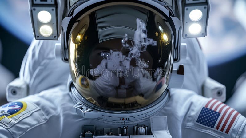 Close Up Portrait of USA Spaceman in Space Looking Directly through ...