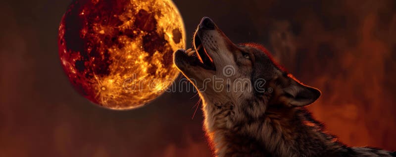 A Close-up Portrait of a Wolf Howling, with the Blood Moon during a ...