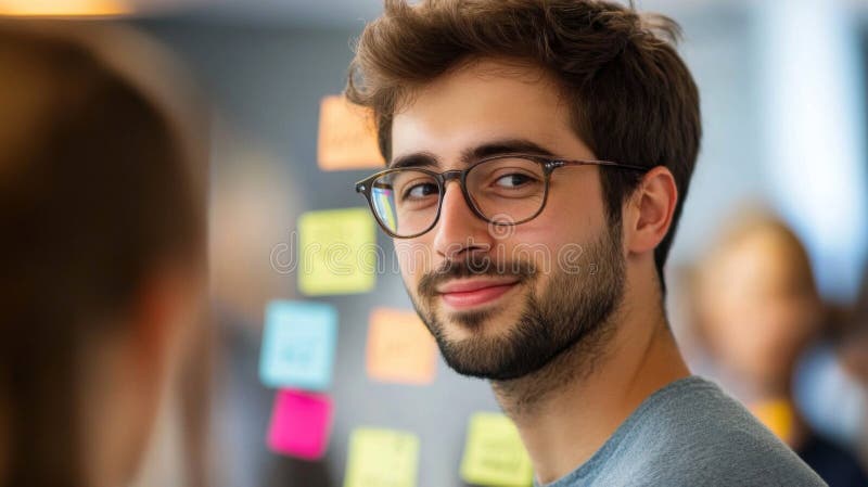 Close Up Portrait of Young Bearded Man in Glasses with Sticky Notes in ...