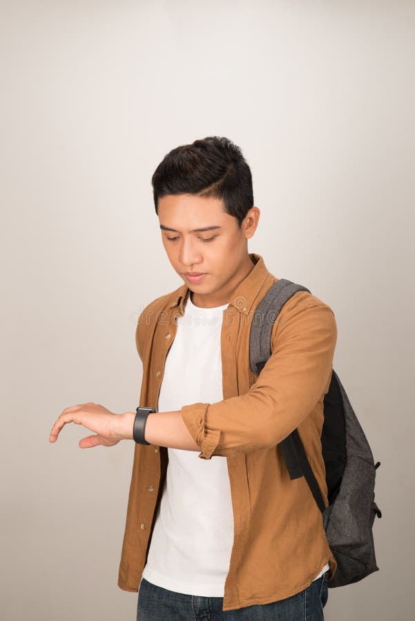 Close Up of Portrait of Young Student Watching the Clock Stock Photo ...