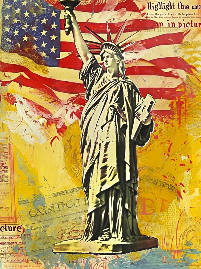 A Close Up of a Poster with a Statue of Liberty on it Stock ...