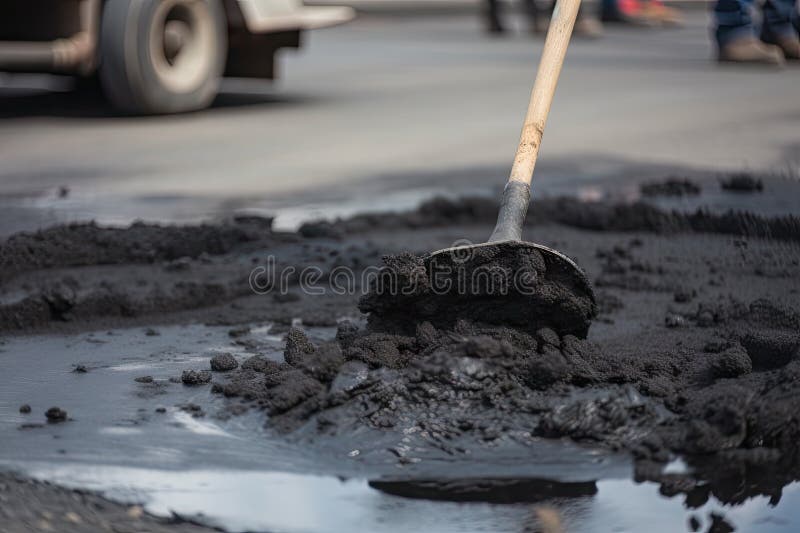 Close-up of Pothole Being Filled with Asphalt Mixture Stock ...