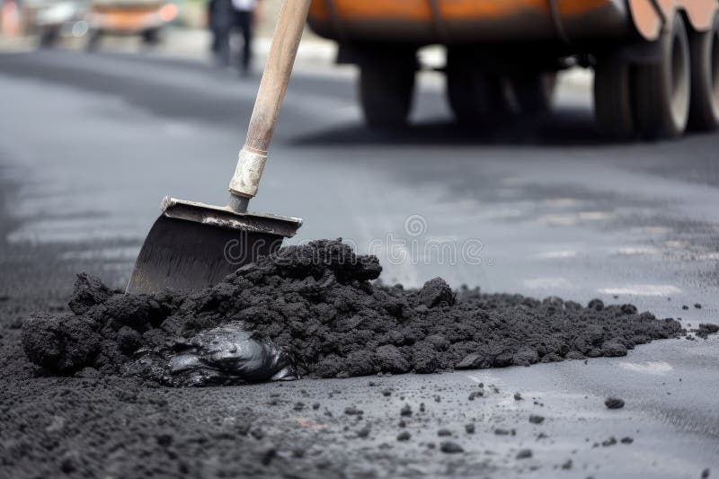 Close-up of a Pothole Being Filled with Fresh Asphalt Mix Stock ...