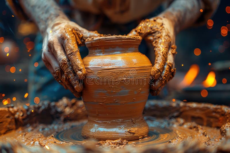 A Close Up of a Potter S Hands Shaping Clay on a Spinning Wheel Stock Image - Image of light ...