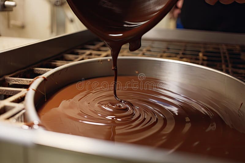 Close-up of the Pouring Process, with the Chocolate Flowing in a ...