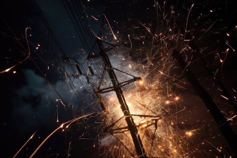 Close-up of Power Line Breakage, with Sparks Flying Stock Illustration ...