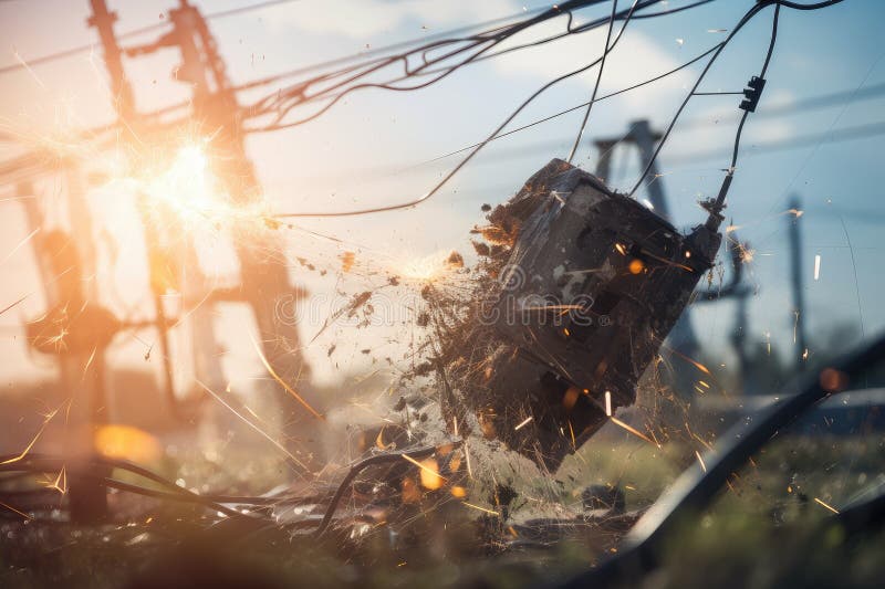 Close-up of Power Line with Broken Wires and Sparks Flying Stock ...