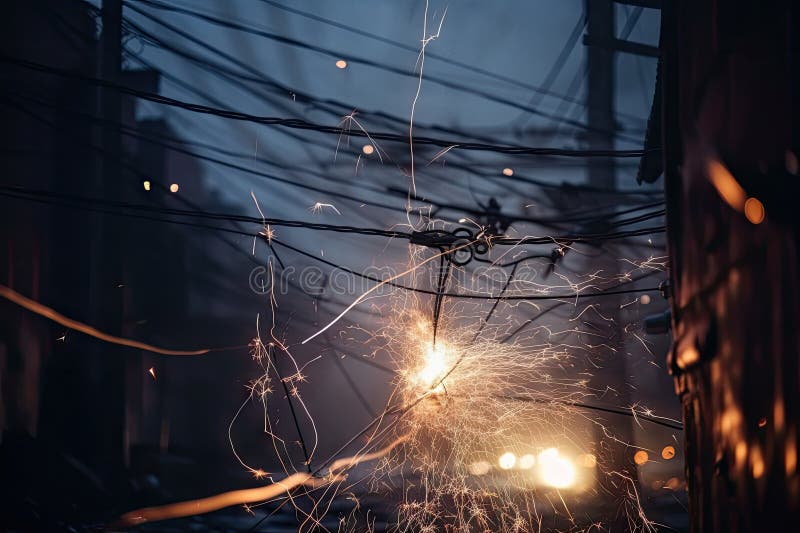 Close-up of Power Line with Broken Wires and Sparks Flying Stock ...