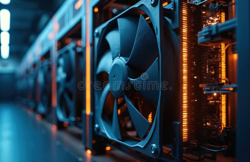 Close-up of Powerful Cooling Fans in Dimly Lit Data Center. High-tech Server Infrastructure with ...