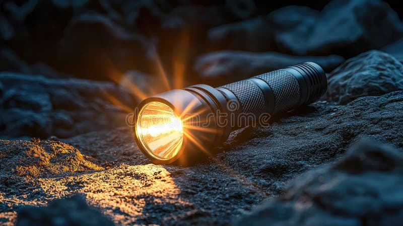 Close Up of a Powerful Flashlight Illuminating a Dark Rock Surface ...