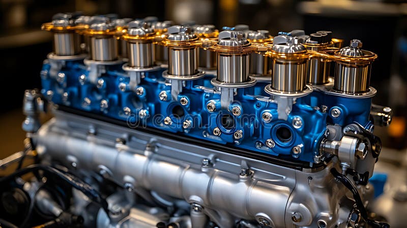 Close-up of a Powerful, High-performance Engine with Blue and Silver ...