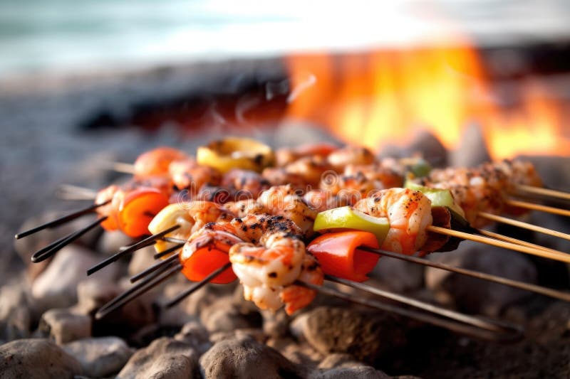 Close-up of Prawns on Skewers Over Beach Bbq Flames Stock Illustration ...