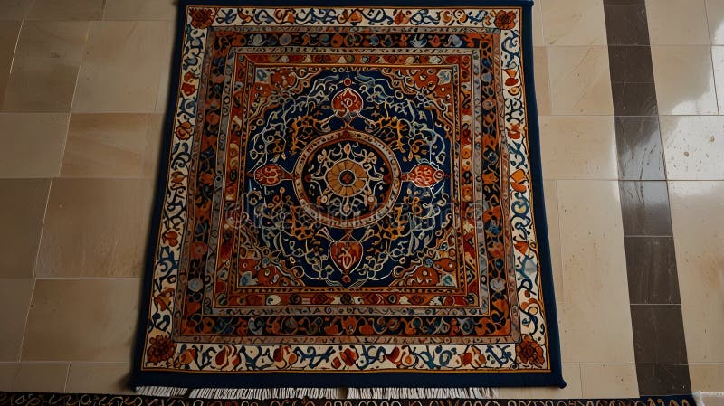 A Prayer Mat with Intricate Patterns, Placed on a Tiled Floor Stock ...