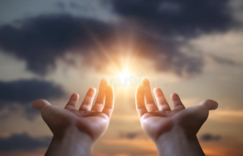 Human Hands on Sky Background with Sun Rays. Concept of Help, Support ...