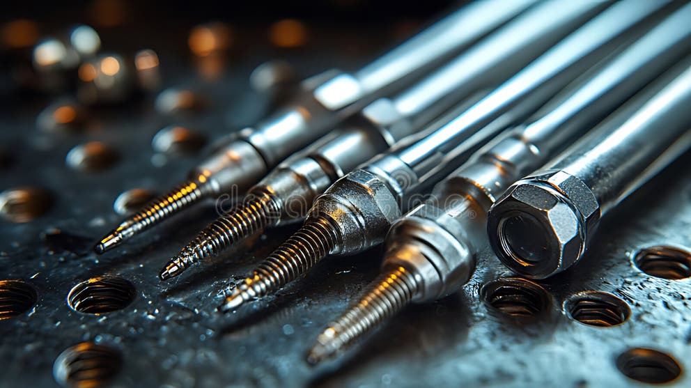 Close-up of Precision-engineered Metallic Threaded Rods on a Perforated ...