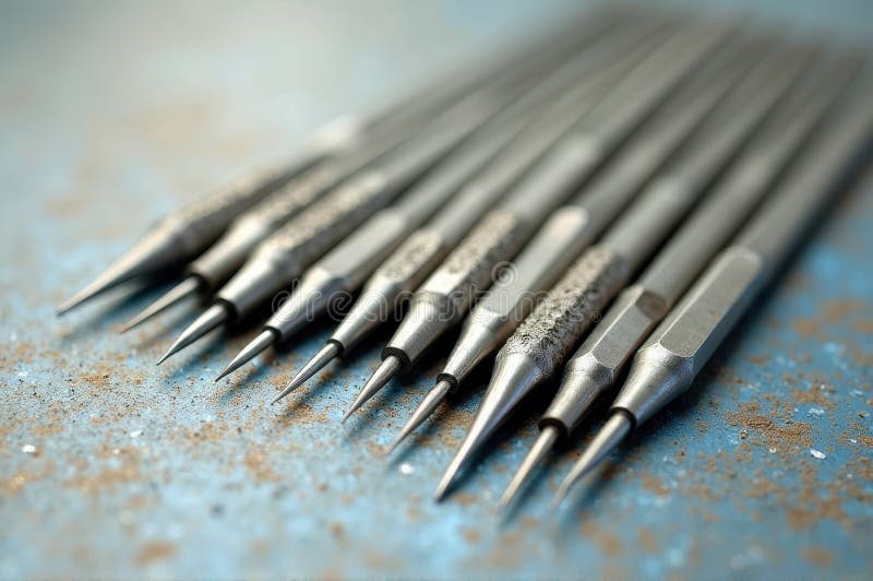 Close-up of Precision Metal Tools Aligned on Textured Surface Stock ...
