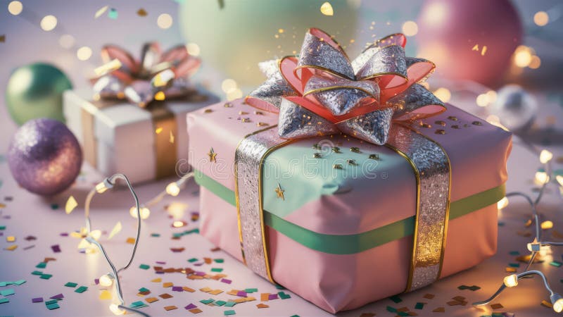 A Close Up of a Present Wrapped in Pink and Silver Paper, AI Stock ...