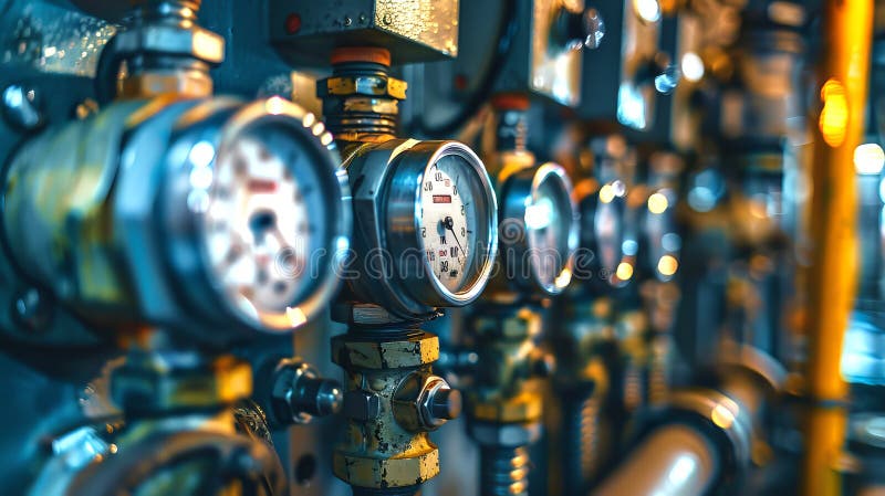 Close-Up of Pressure Gauges in an Industrial Setting. Concepts of ...
