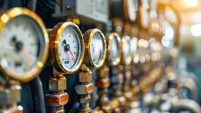 Close-Up of Pressure Gauges in an Industrial Setting. Concepts of ...