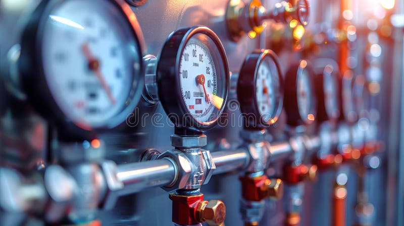 Close-Up of Pressure Gauges in an Industrial Setting. Concepts of ...