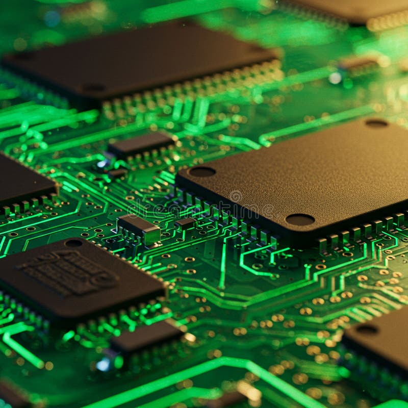 Close-up of a Printed Circuit Board Featuring Multiple Microchips. the ...