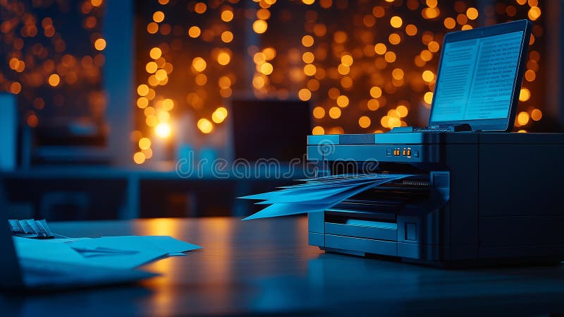 Close Up of Printer in Office with Glowing Lights in Background ...