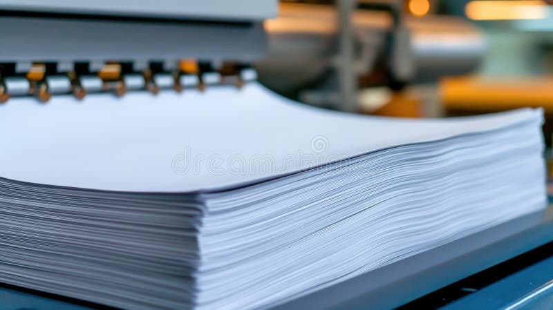 Close Up Printing a Stack of Blank Paper Sheets Being Produced by a of ...