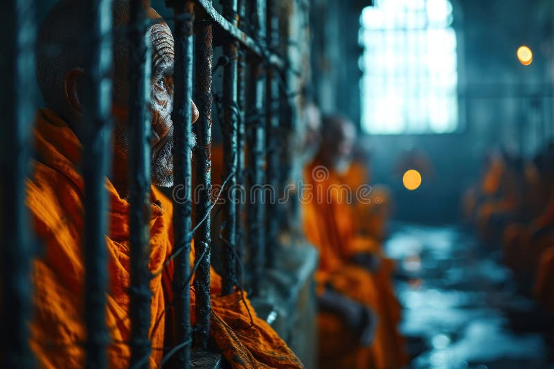 Close-up of a Prisoner Behind Bars in Jail Stock Illustration ...