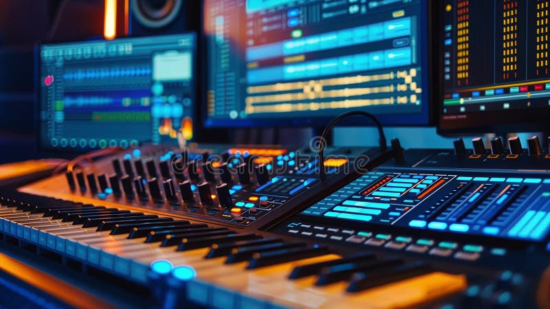 Professional Audio Mixer, Midi Keyboard and Computer Showing Music ...