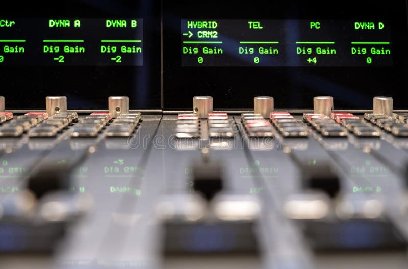 Close-up of a Professional Audio Mixing Console with Detailed Focus on ...