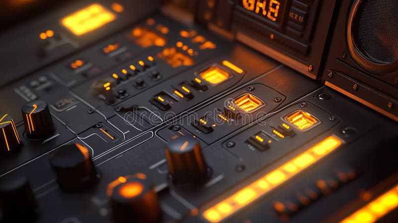 Close-up of a Professional Audio Mixing Console with Glowing Controls ...