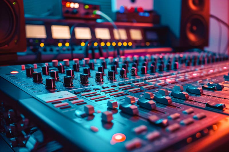 Close-up of a Professional Audio Mixing Console with Knobs and Sliders ...