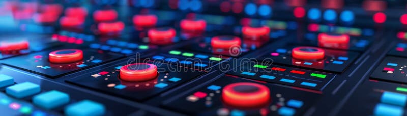 Close-up of a Professional Audio Mixing Console with Red Knobs and Blue ...
